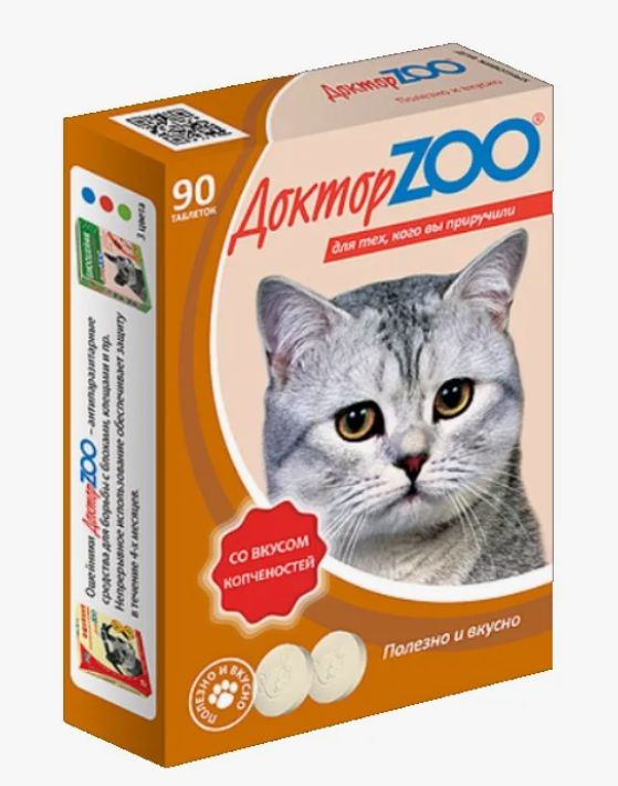 Мультивитаминное лакомство для кошек Доктор ZOO со вкусом копченостей, 90 шт