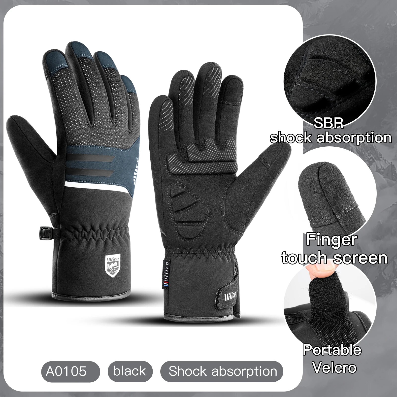 Kyncilor черные зимние перчатки с SBR амортизацией, Velcro, touch screen, размер L