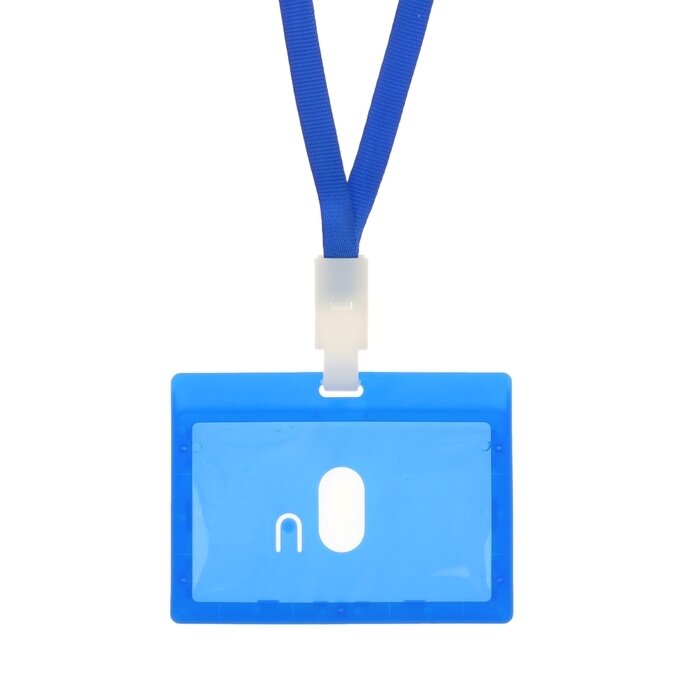 Бейдж - карман горизонтальный, (внешний 100 х 74 мм), (внутренний 90 х 54 мм), с синей лентой, жёсткокаркасный, цвет синий