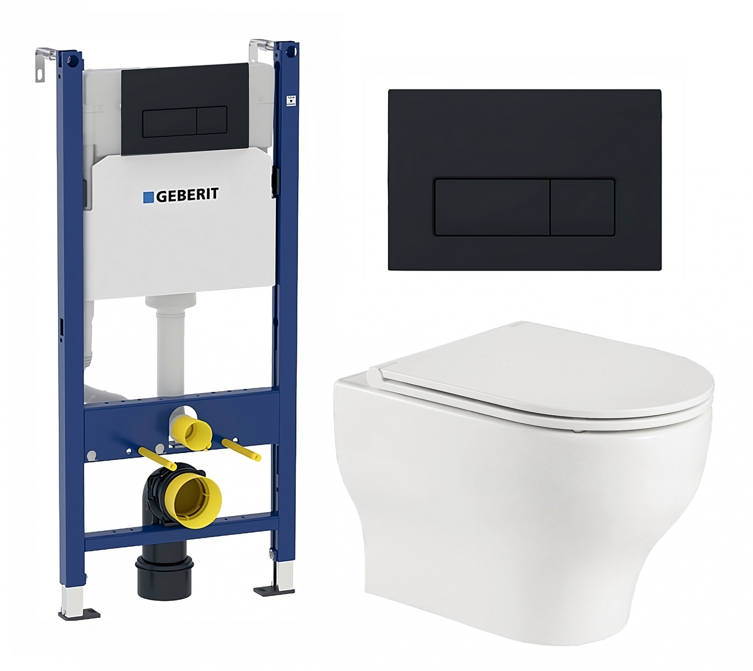 Комплект 3 в 1 инсталляция Geberit Duofix + Подвесной унитаз WeltWasser Erlenbach 004 GL-WT + кнопка черная матовая