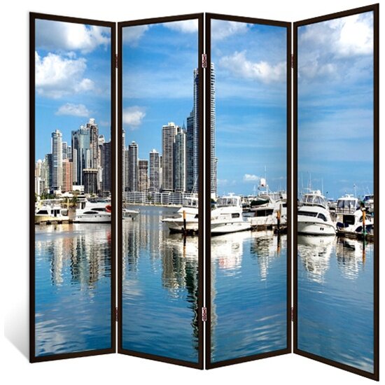 Ширма перегородка Декор Депо для комнаты деревянная "Агент 007" двухсторонняя с картинкой (города) 4 створки венге 176х185 см 14 кг