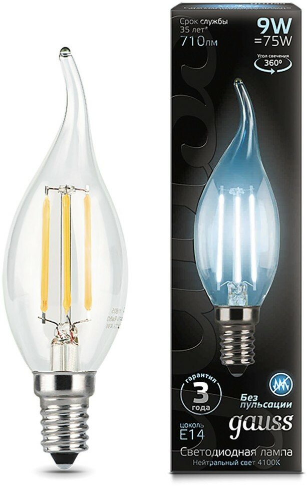 Лампа светодиодная Gauss Filament 9Вт цок: E14 свеча 220B 4100K св. свеч. бел. нейт. CF35 (упак:1шт) (104801209)
