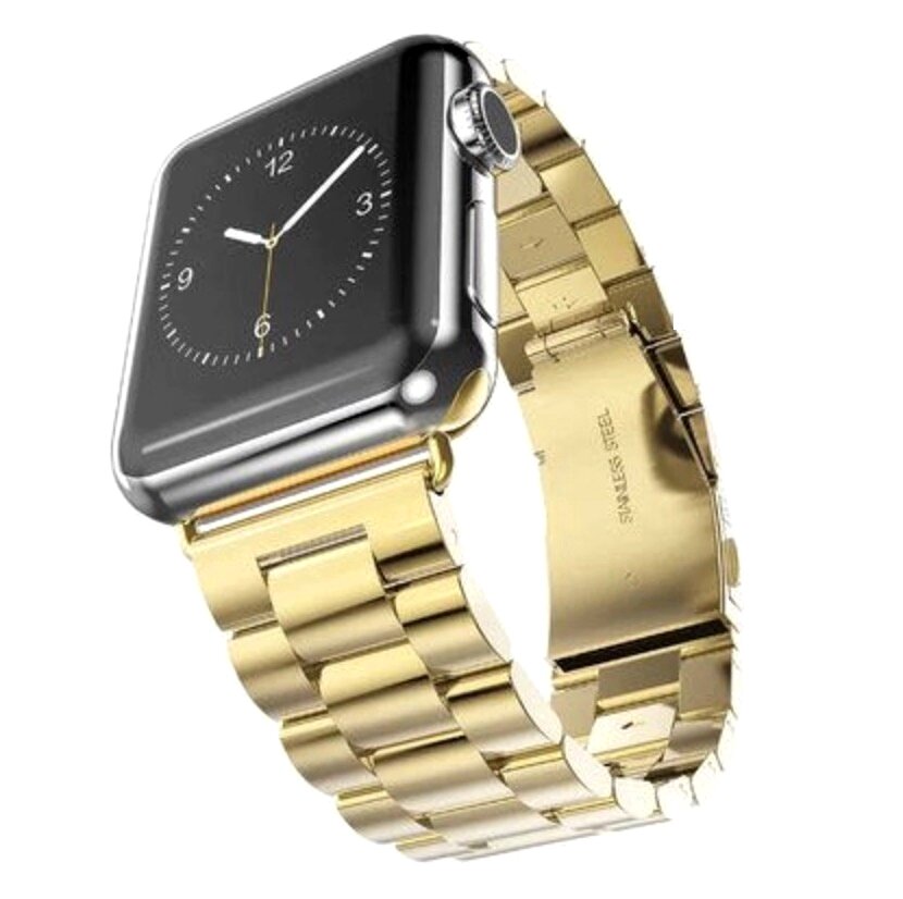Сменный ремешок-браслет MyPads Inox Clip стальной железный металлический для Apple Watch Series 2/ 3 умных смарт-часов из нержавеющей стали c одинарными большими звеньями с замком-застежкой бабочка золотистый 38 mm