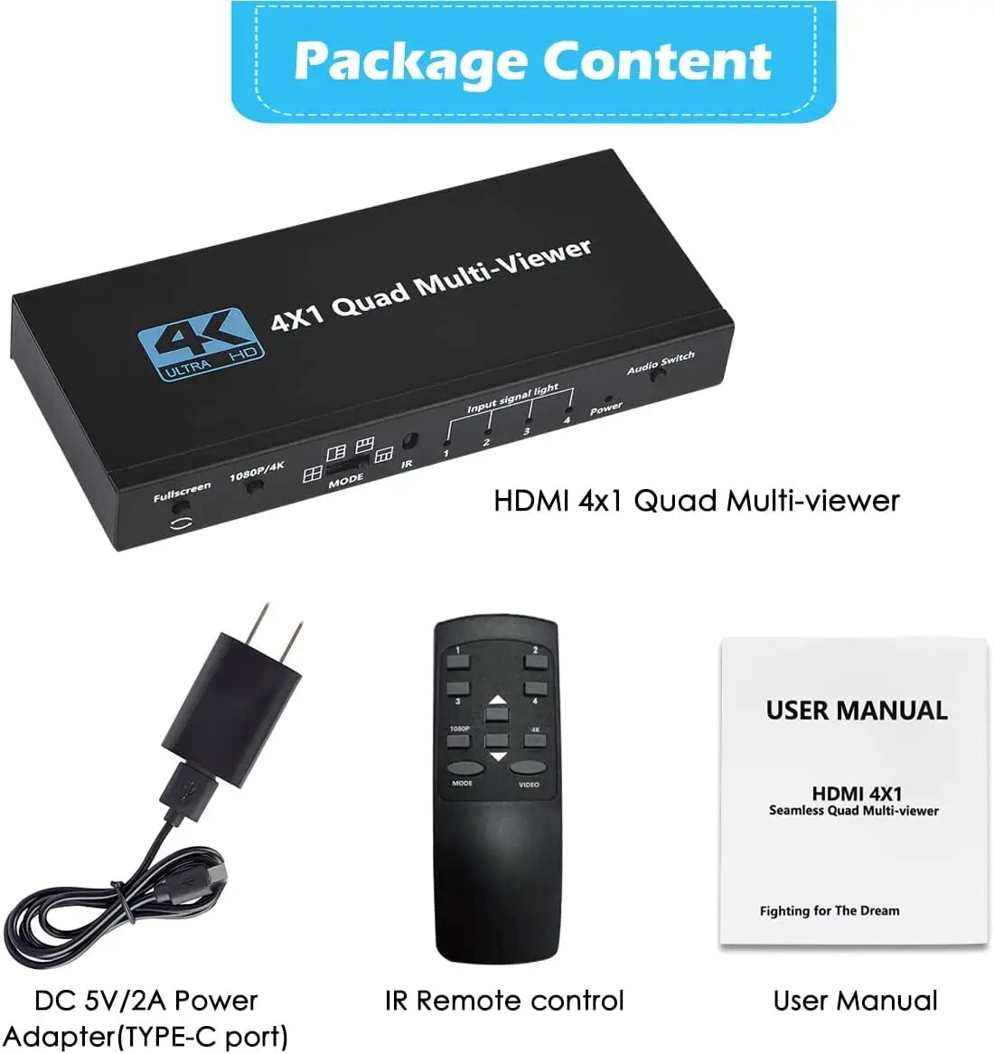 HDMI 9x1 Quad Multiviewer 4K HDMI 4x1, US Power Plug