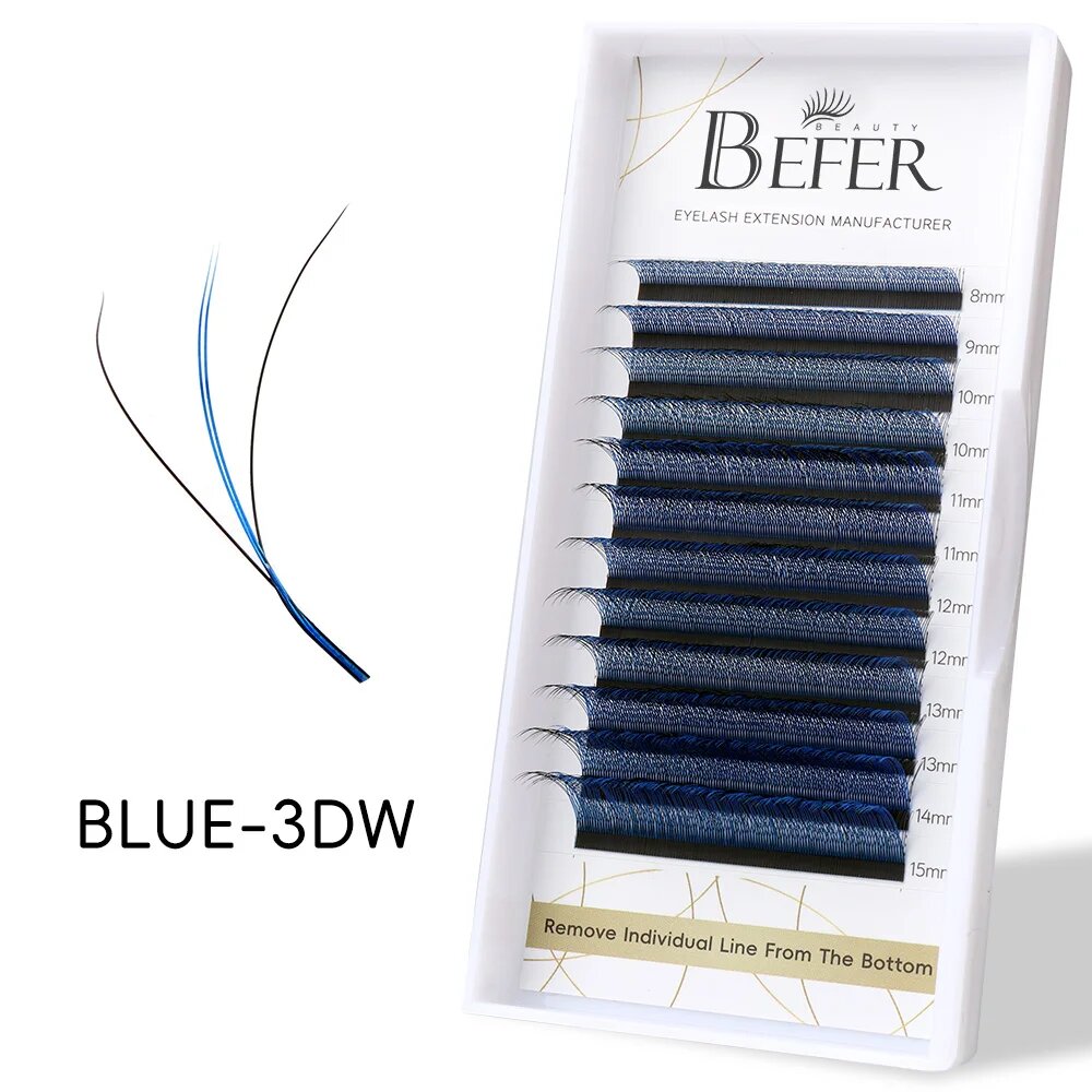 Befer Цветные 3D ресницы для наращивания, D изгиб, Blue, MIX(8-14)