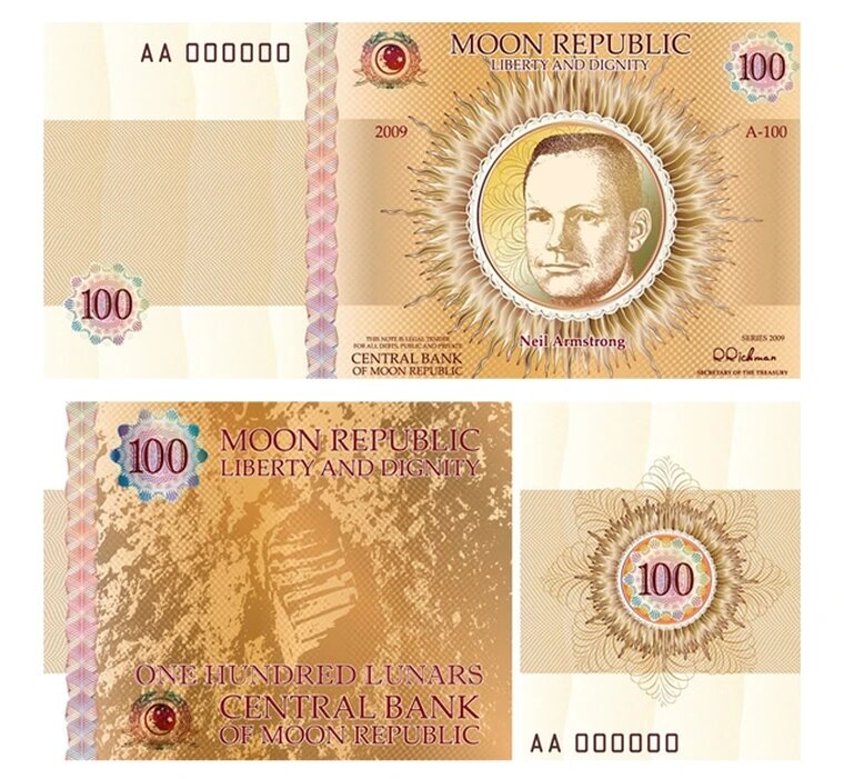 100 лунар Нил Армстронг 2009 Лунная Республика, сувенирные боны луны, сувенирная копия, банкноты и купюры редкие коллекционные