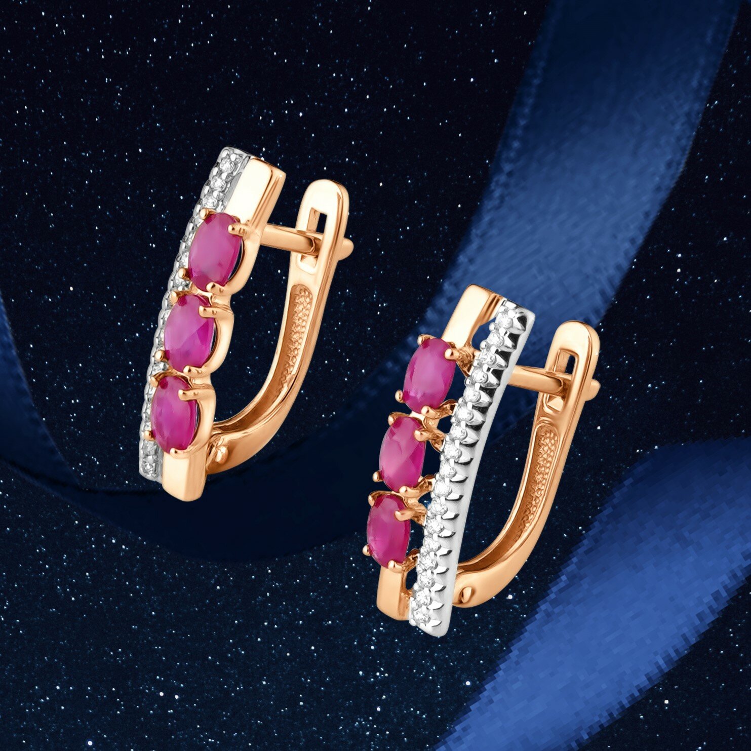 Серьги, красное золото, 585 проба, бриллиант, рубин