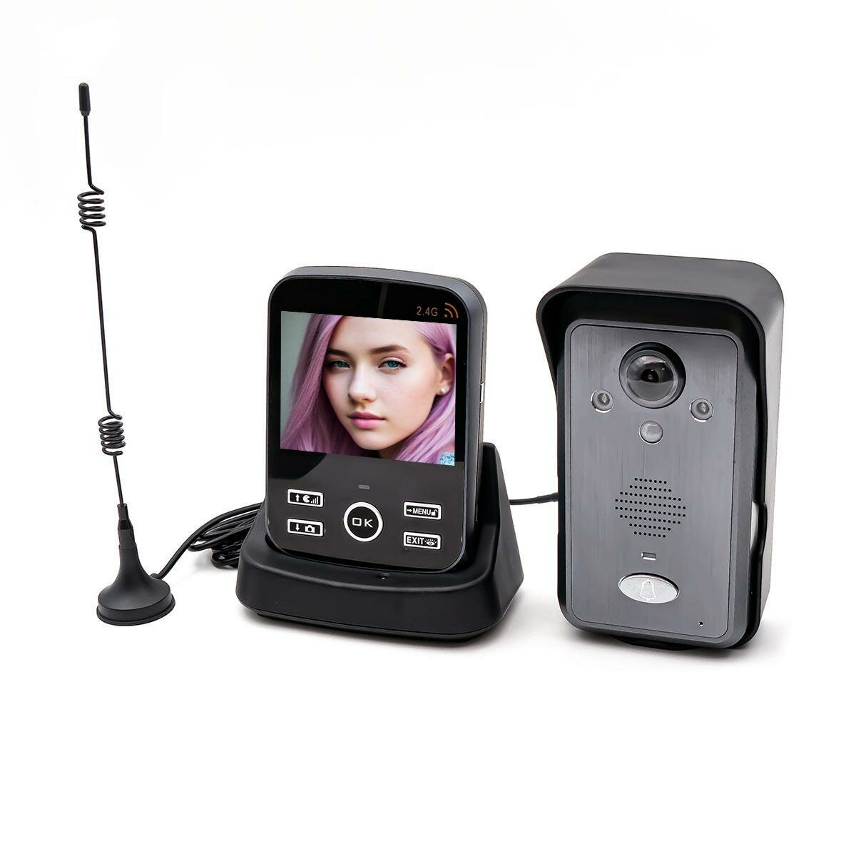 Радиоканальный видеодомофон с выносной антенной Переносной Кивос-1+1 REC (3.5) и 3,5-дюймовым сенсорным экраном, с записью фото. Беспроводная вызывная