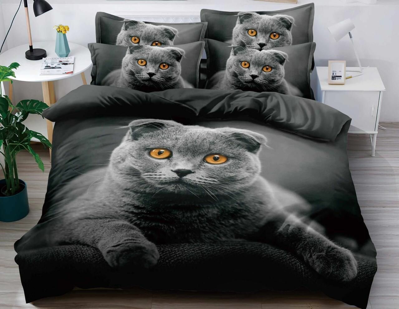 Комплект Постельного Белья 2-х спальное Серый Кошка с Желтыми Глазами