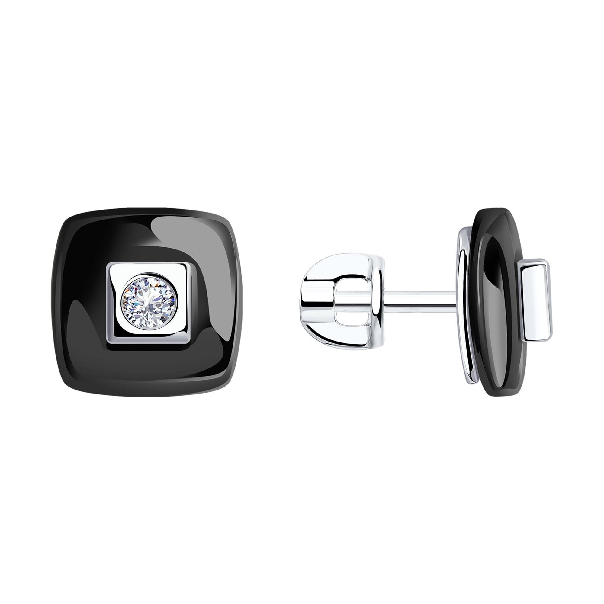 Серьги пусеты, серебро, 925 проба, родирование, фианит, керамика