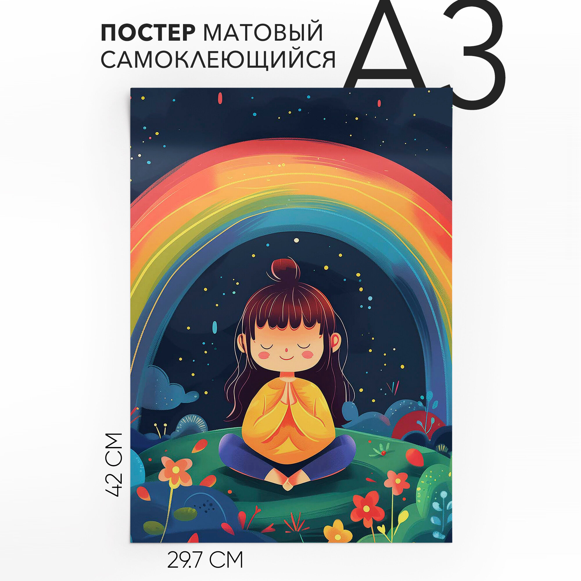 Картины постеры на стену, детский самоклеящийся A3 Девочка и радуга, влагостойкий, для декора