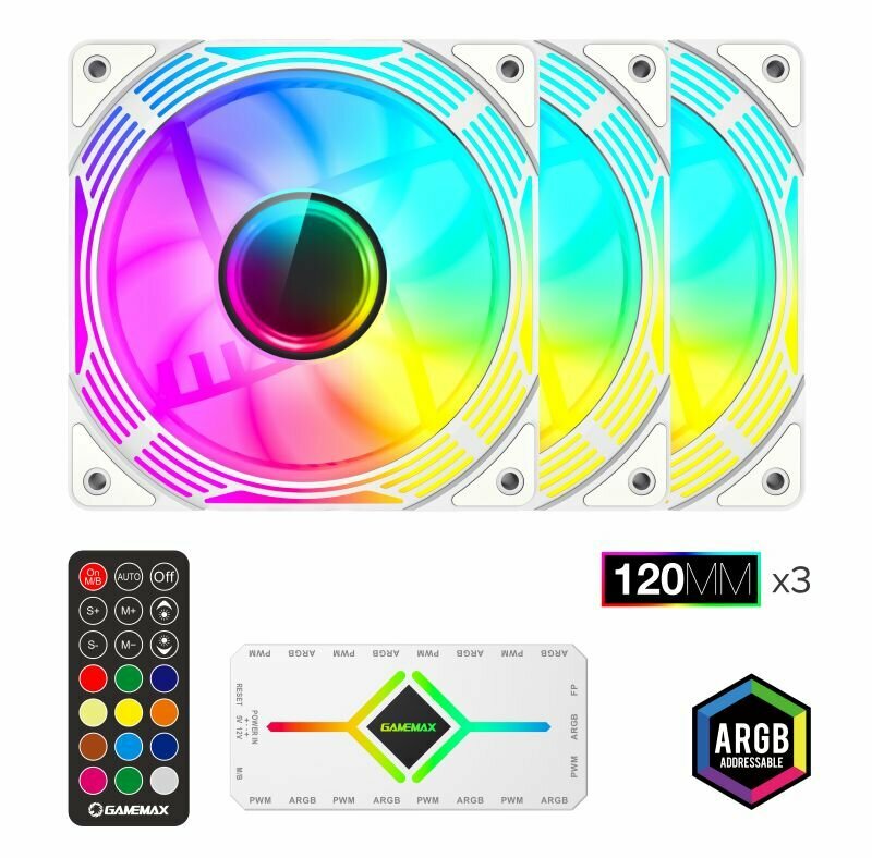 Комплект вентиляторов GameMAX KF300 WH 3*12cm ARGB (FN12A-C8I-W), 4pin PWM Power / 3pin Aura