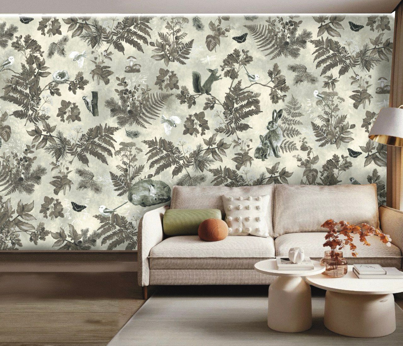 Обои бесшовные "Лесная история" бежевый монохром (ширина 3100мм х длина 2500мм)