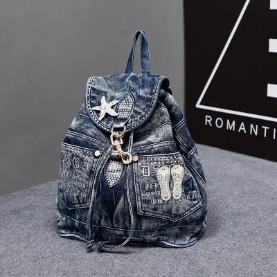 Джинсовый рюкзак женский, рюкзак из джинсы со стразами, модный аксессуар в подарок женщине, синий