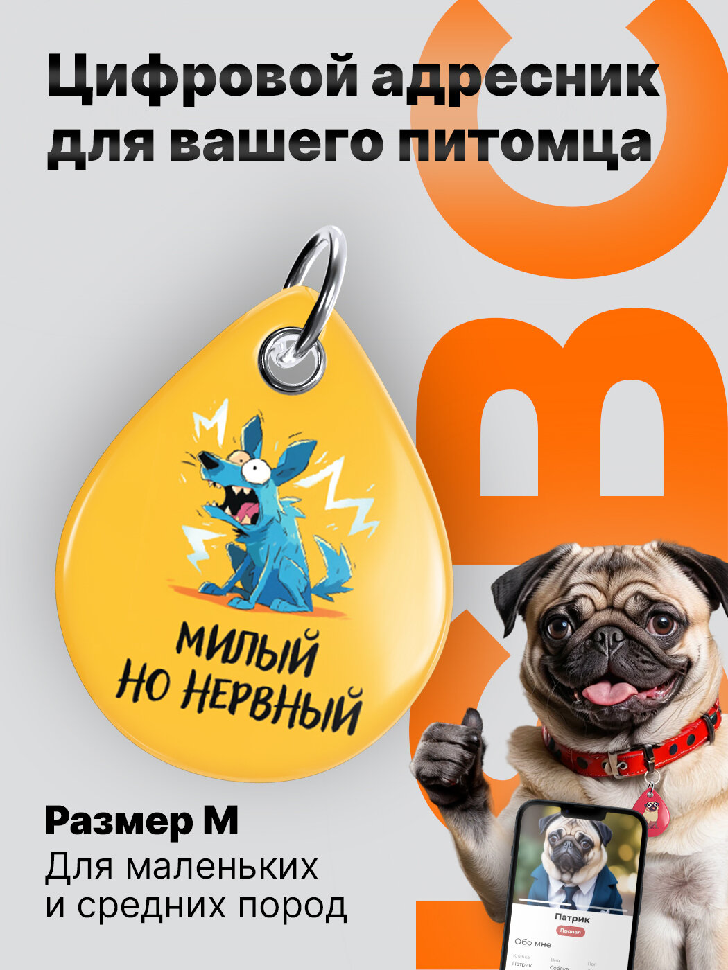 Адресник для собак мелких и средних пород от ISBC с NFC и QR-кодом, Милый но нервный
