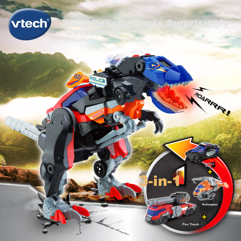 VTech Transforming Dinosaur Toy Car 3-In Super Transforming Tyrannosaurus Rex, 3+ Years Old, Birthday Gift for Boys And Girls