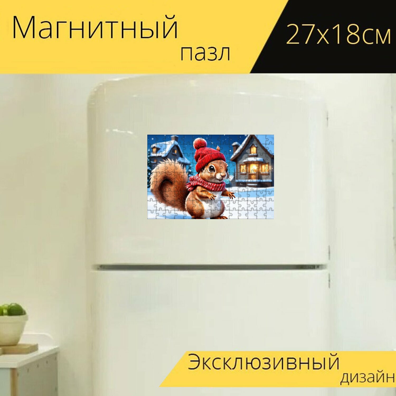 Магнитный пазл "Милый беличонок в красной шапке и шарфе катается на коньках по ледяному покрытию. На фоне заснеженные дома с ярко светящимися окнами." на холодильник 27 x 18 см.