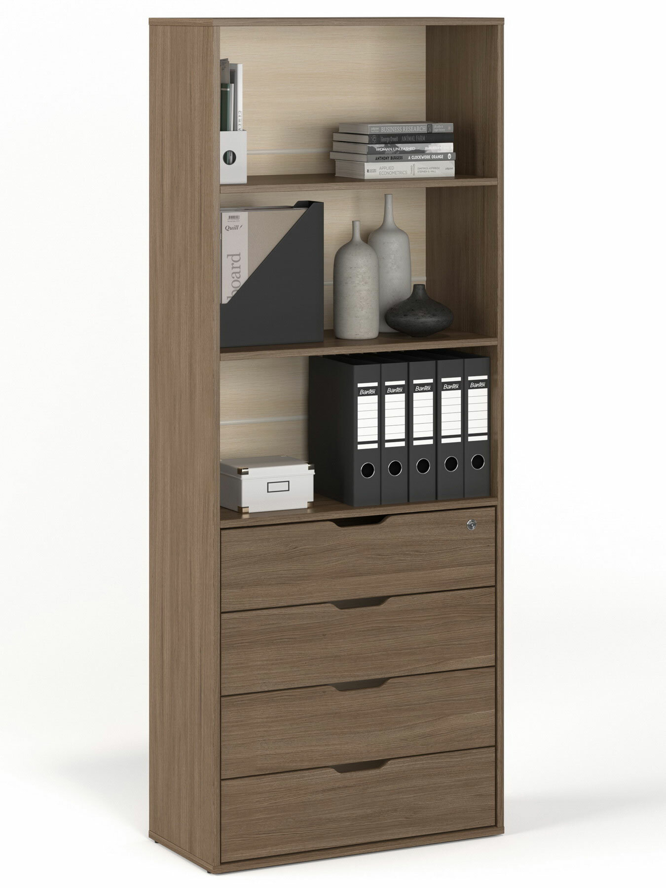 Книжный шкаф-стеллаж для дома и офиса с 3 полками и 4 ящиками МагМебель №36 ясень шимо тёмный