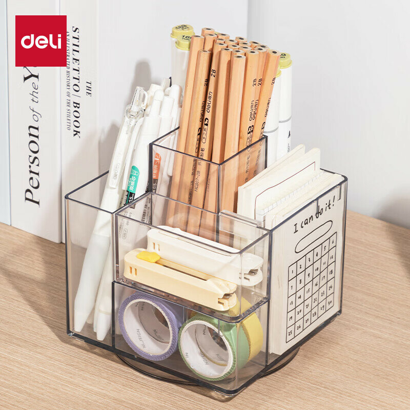 Deli Creative Rotating Pen Holder, Simple Design for Children And Students, Multifunctional Large Capacity Desk Organizer, Storage Box for Office Supplies And Cosmetics, Transparent PK200