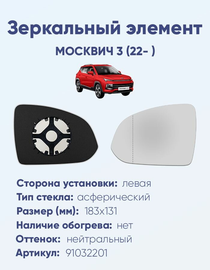Зеркальный элемент левый москвич 3 (22- ) асферика нейтральный без обогрева