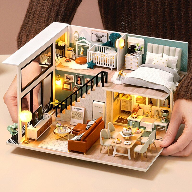 My House DIY Miniature House, Comfortable Wooden Handmade Assembly Loft House, Women's Day Birthday Gift Toy