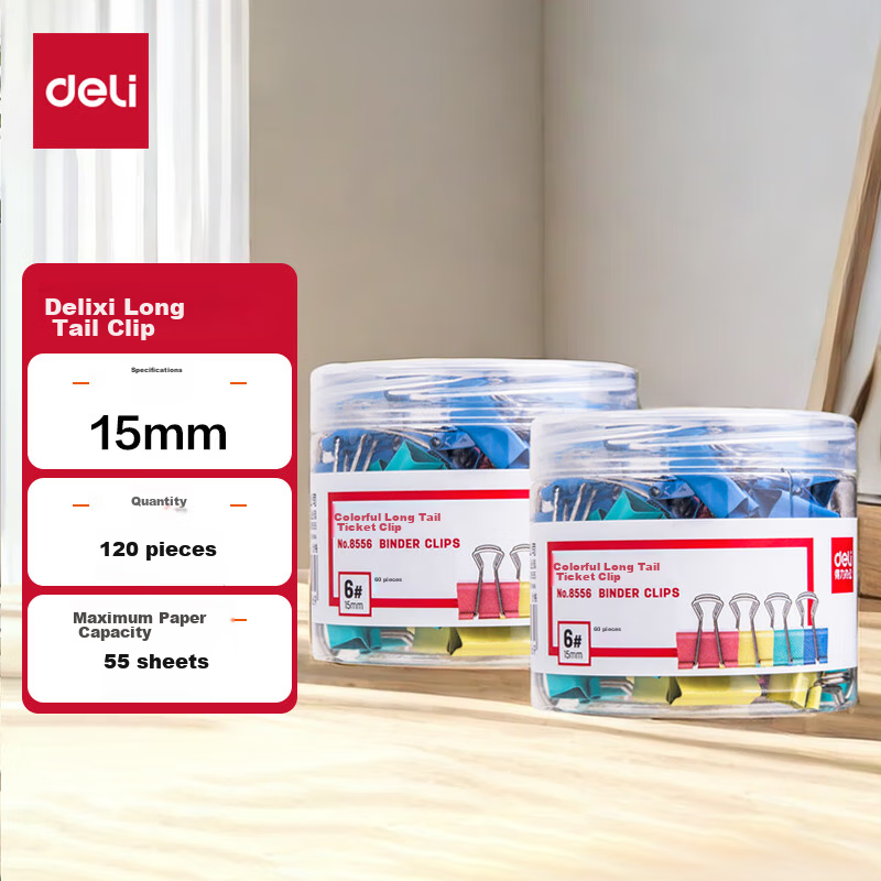 Deli 120 Pieces 15mm Colorful Long Tail Clips, 6# Small Metal Binder Clips for Bills And Documents, Office Supplies, 60 Pieces/tube, 33427