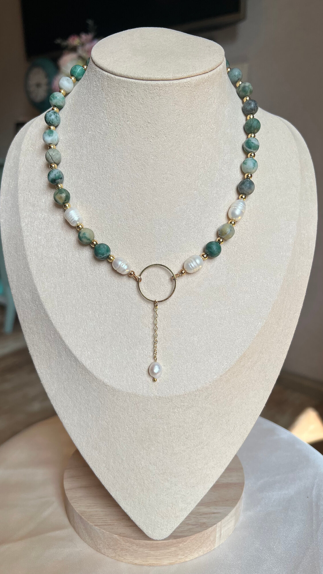 Колье, жемчуг культивированный, яшма