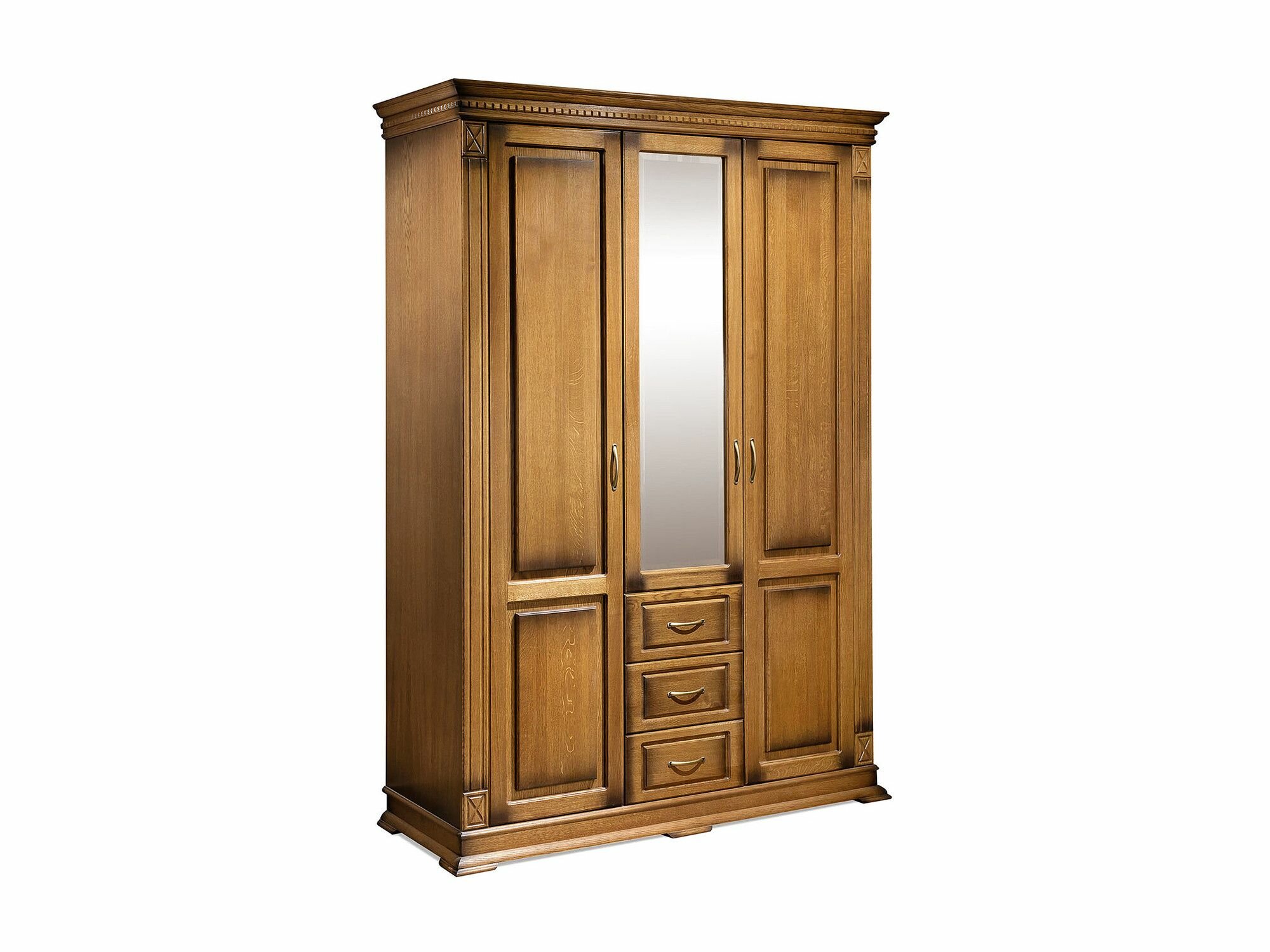 Шкаф Верди трёхстворчатый (3 ящика) с зеркалом из Массива сосны, 120х55х220 см, классический орех 2