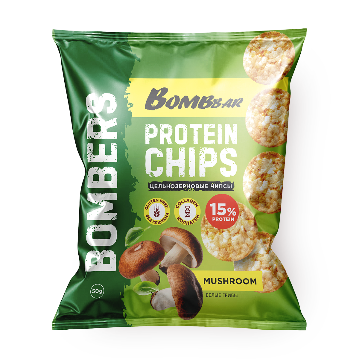Чипсы Bombbar "Белые грибы", протеиновые, цельнозерновые, веганские, без ГМО и глютена