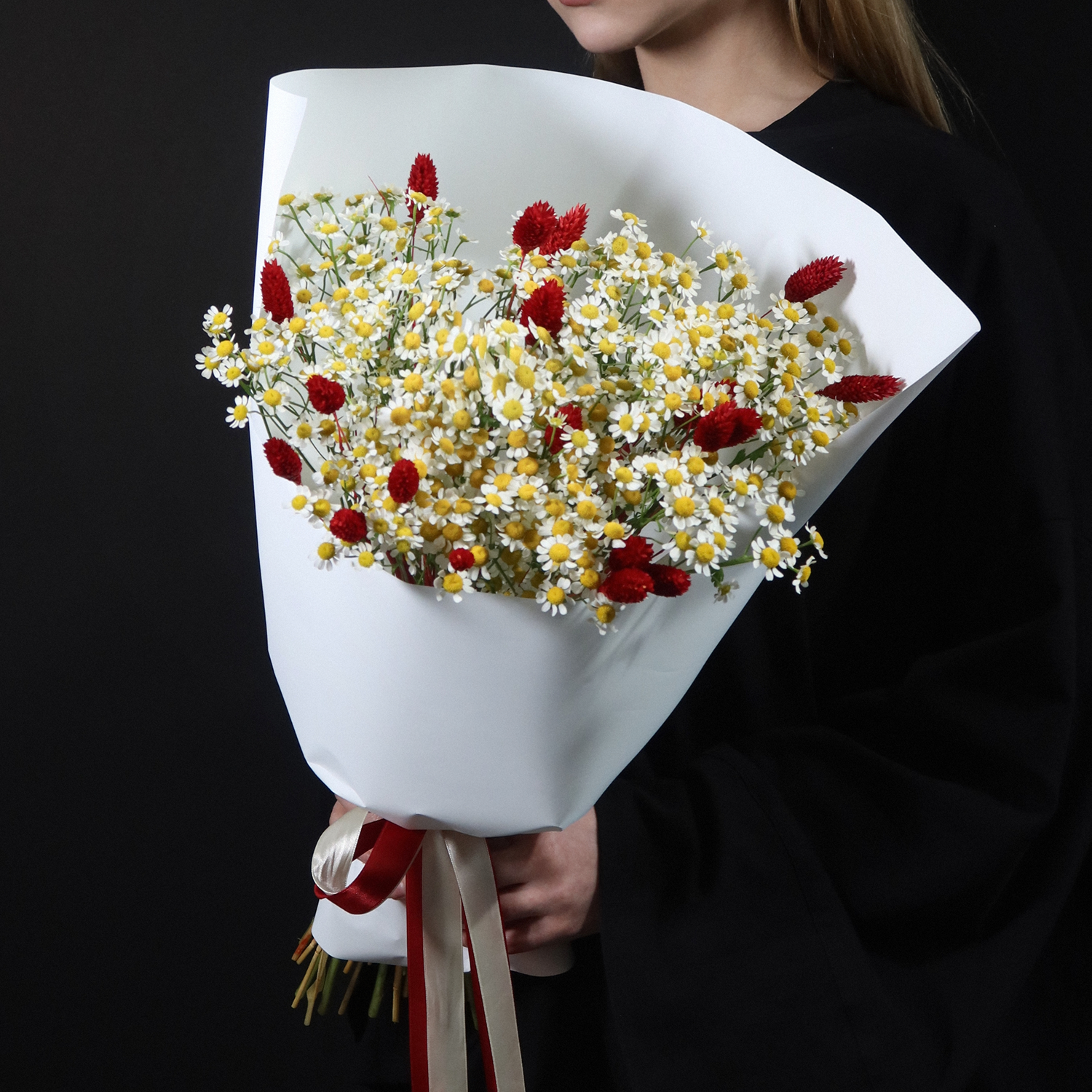 Полевой букет с ромашками, букет из ромашек и красных сухоцветов, кустовые ромашки