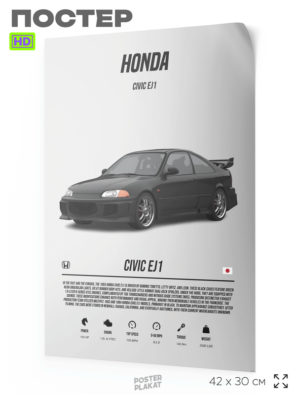 Постер на стену с машинами, Honda Civic EJ1, авто Хонда Цивик, для интерьера, А3 (420х297 мм), Постер Плакат