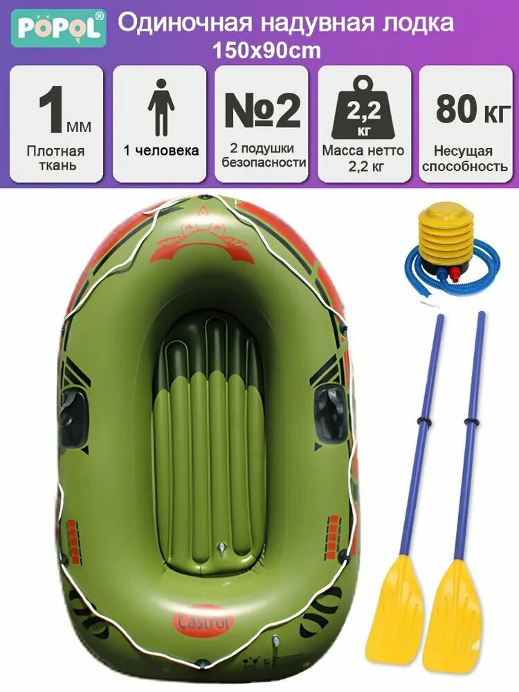 Надувная лодка POPOL190, ПВХ, армированный, двухместная, темно-зеленая