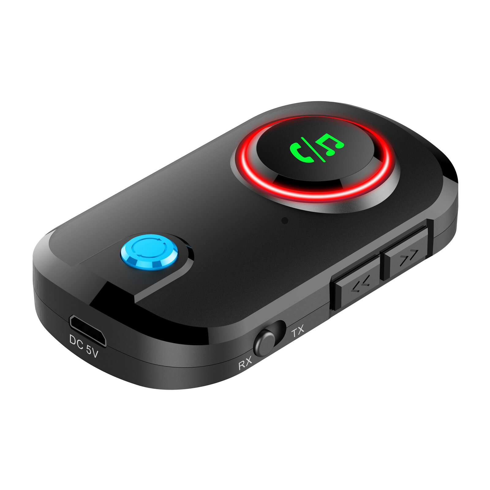 Bluetooth Transmitter Receiver 3.5mm AUX черный, BT 5.0, передача 10м, батарея 280mAh, время работы 7ч, Micro USB 5V, размер 6.5*3.9*1.6cm, вес 24g, для наушников, колонок, авто стерео, MP3, TV, PC, с микрофоном, набор Hands-free Car Kit