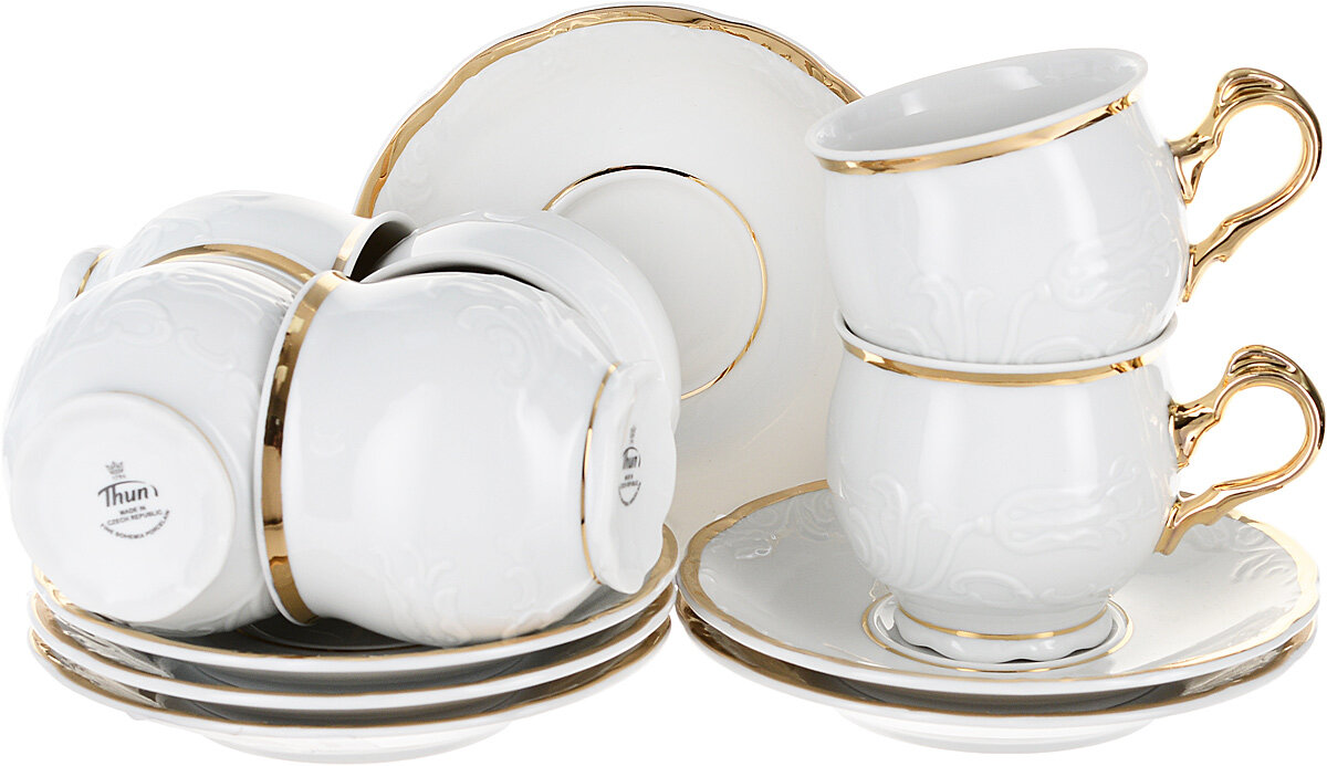 Чашка 210 мл с блюдцем 145 мм; "Tulip", Белоснежный тюльпан, золотые держатели, 6 пар, Thun/ БТФ0453