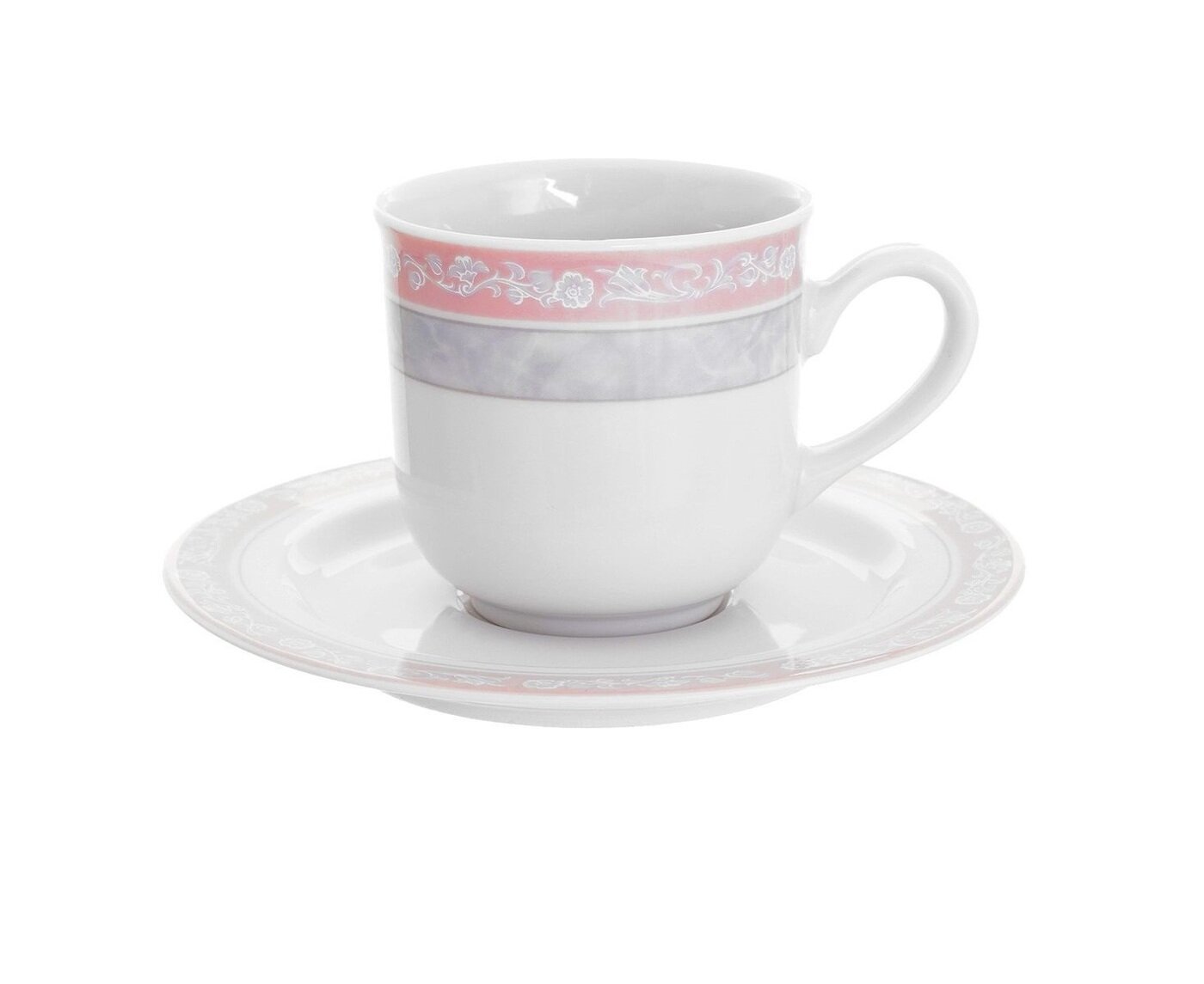 Чашка 215 мл с блюдцем 150 мм высокая ; "Jana", декор "Серый мрамор с розовым кантом", 6 пар, Thun/ БТФ1079