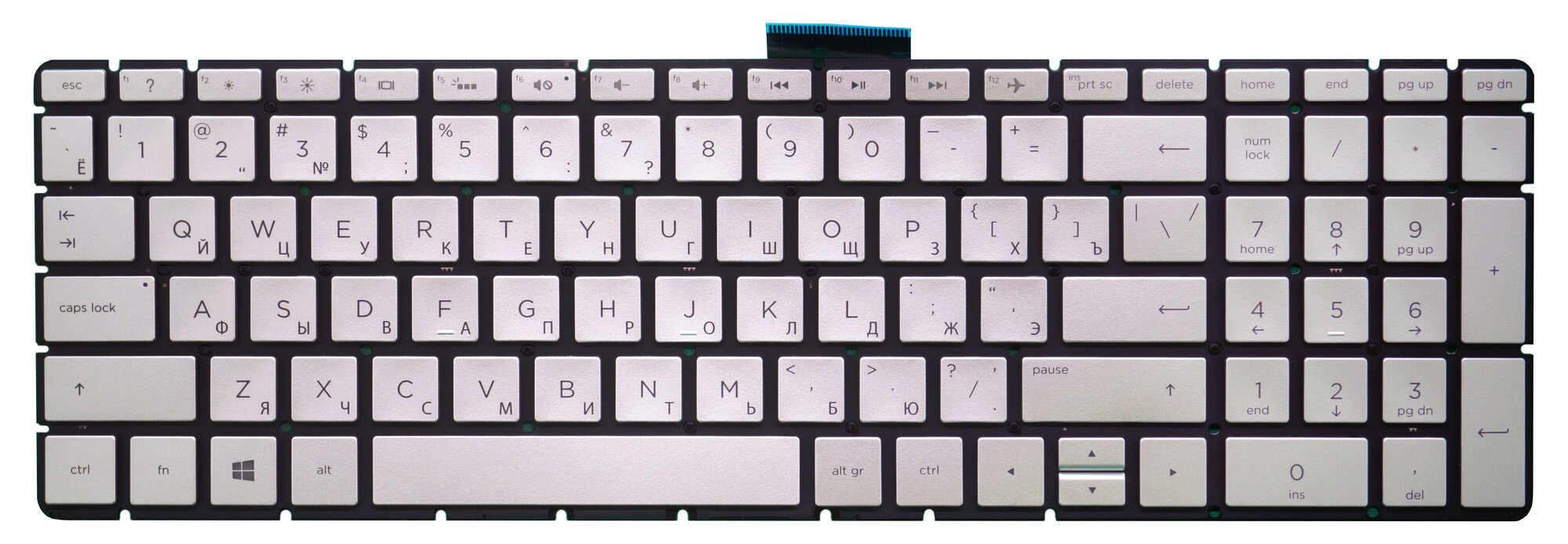 Клавиатура для ноутбука HP Pavilion 15-bs, 15-bw, 17-bs, 250 G6, 255 G6, 258 G6 серебряная, без рамки, с подсветкой