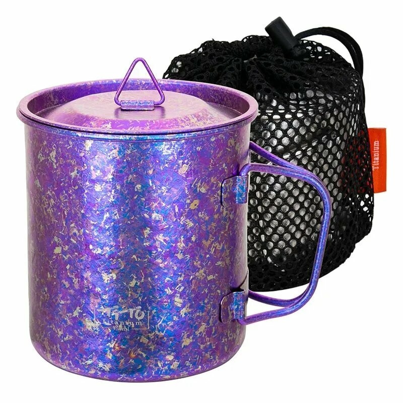 Тактический титановый стакан для воды 2 в 1 camping cup 450 мл, с крышкой и складной ручкой, подходит для кемпинга, рыбалки, охоты и пеших походов