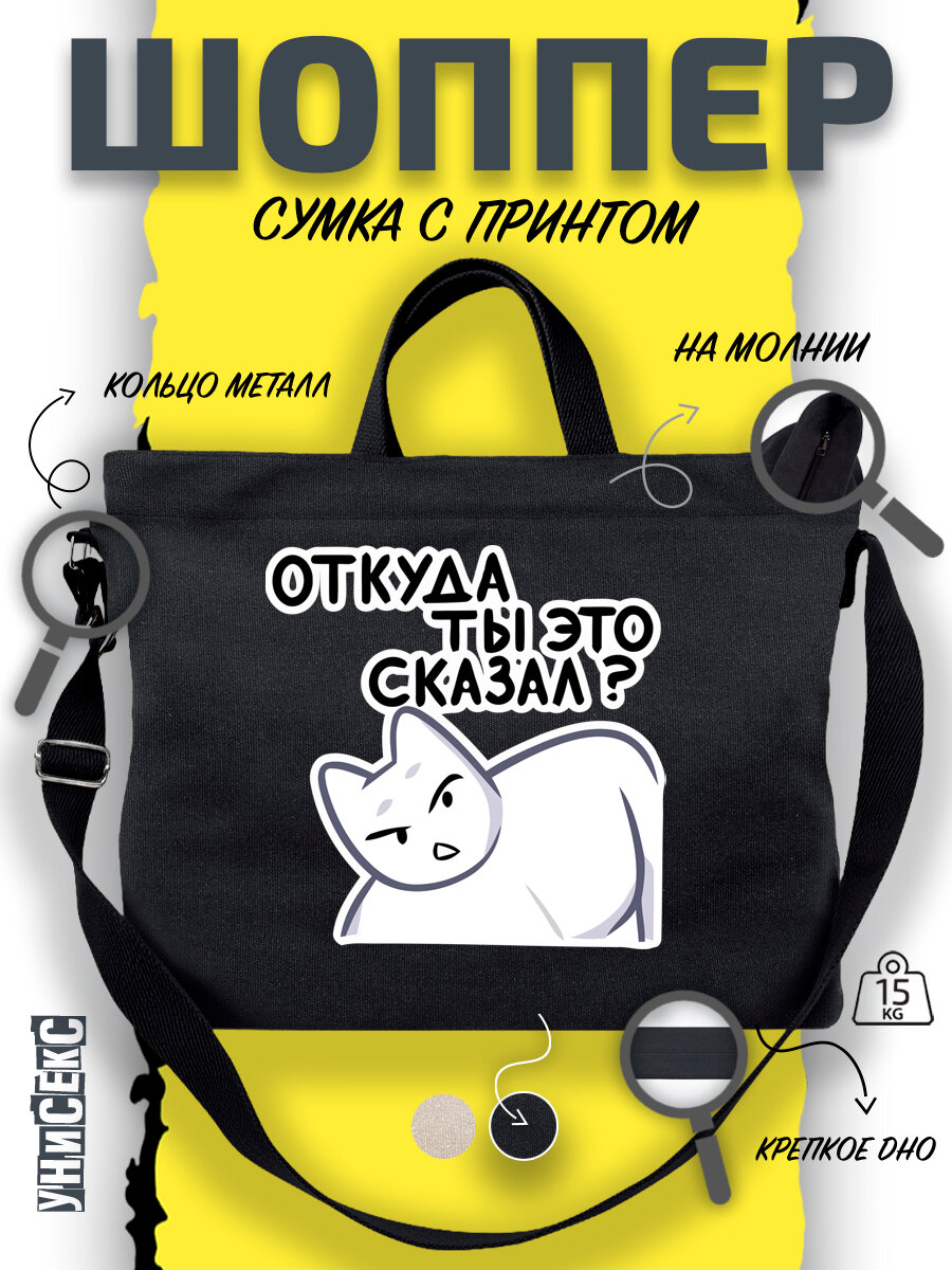 Сумка  шоппер y2k через плечо с котом Мурком прикол откуда ты это сказал