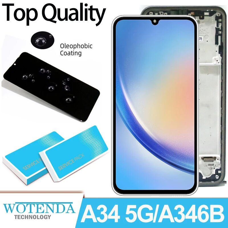 6,6-дюймовый супер AMOLED-дисплей для Samsung A34 5G ЖК-дисплей A346B A346U с цифровым преобразователем сенсорного экрана для Samsung A346E A346M ЖК-дисплей Black with frame