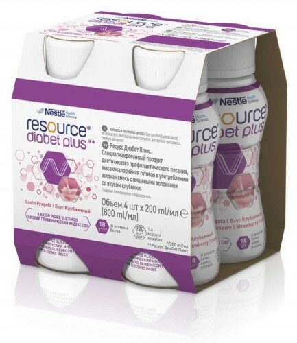 Ресурс диабет плюс смесь с пищевыми волокнами со вкусом клубники 200 мл 4 шт.