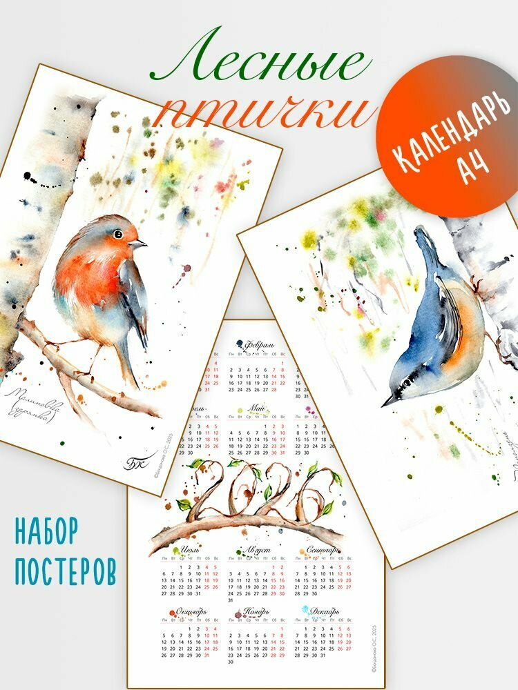 Набор интерьерных постеров "Лесные птички & календарь 2026", акварельные картины с птицами, плакаты для детей