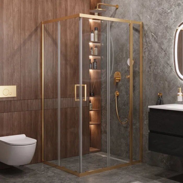 Душевой уголок Cezares Molveno AH 21 100+20 C BORO IV 120х100 см, профиль брашированное золото, стекло прозрачное