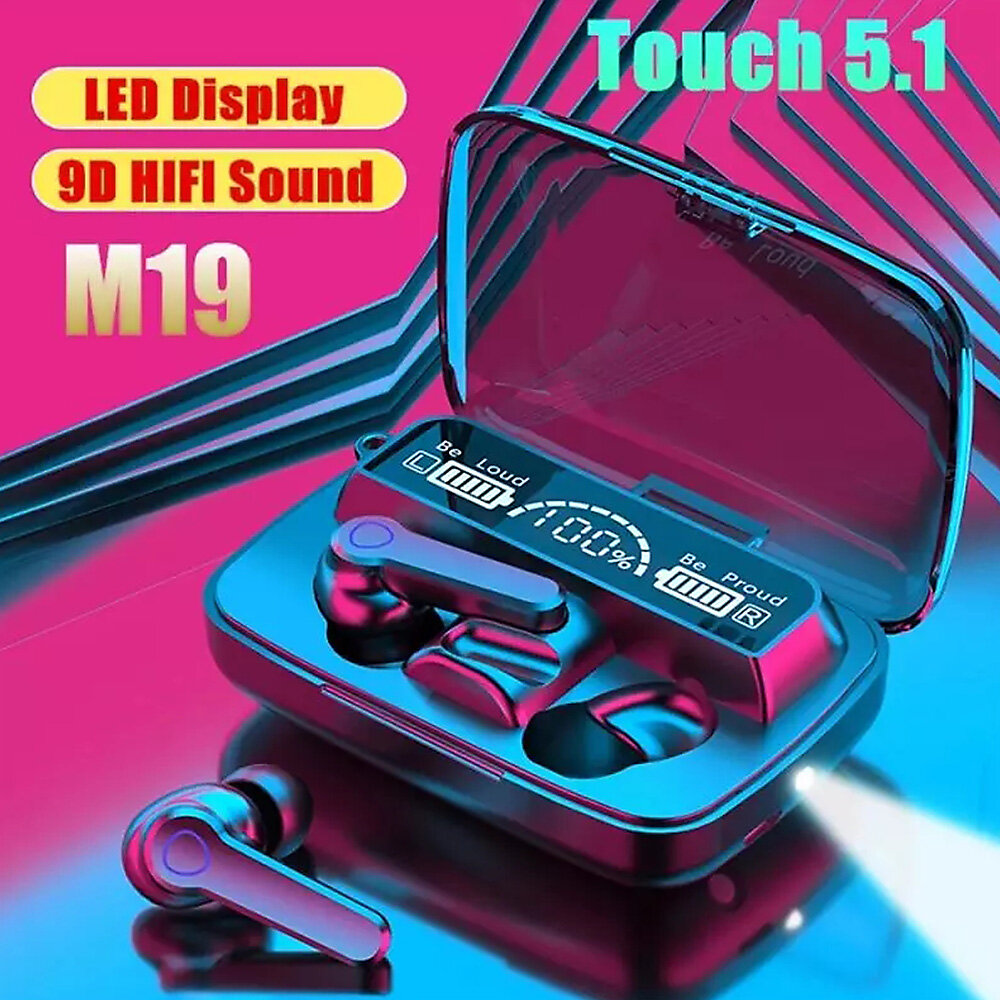 Наушники беспроводные M19 TWS BT5.1 с 3D сенсорным управлением, LED цифровым дисплеем, водонепроницаемостью IPX7, шумоподавлением CVC 8.0, базой для зарядки, совместимы с Android, iOS, Windows, черный цвет, батарея наушников 50mAh каждая, зарядный кейс