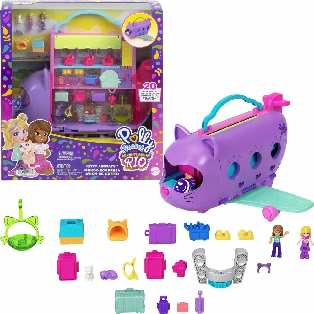 Игровой набор Polly Pocket Kitty Airways с 2 микрокуклами и питомцем, игрушка для путешествий в самолете с аксессуарами