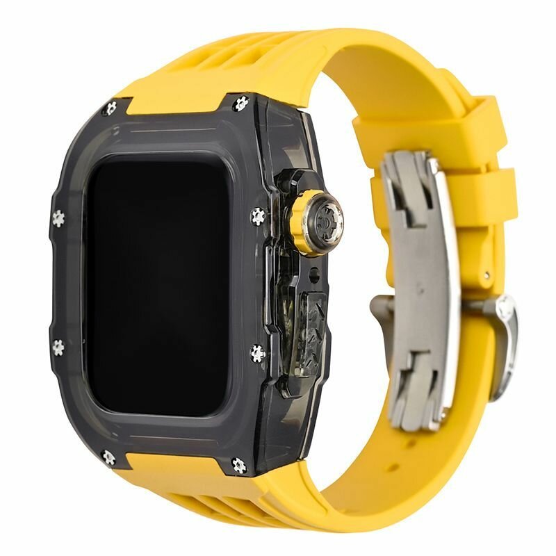 Модифицированный чехол Richard RM для Apple Watch Series 9 8 7 SE 6 5 4, PC корпус и ремешок с пряжкой-бабочкой из фторкаучука для Apple Watch 44/45 мм, Прозрачный черный корпус-желтый ремешок