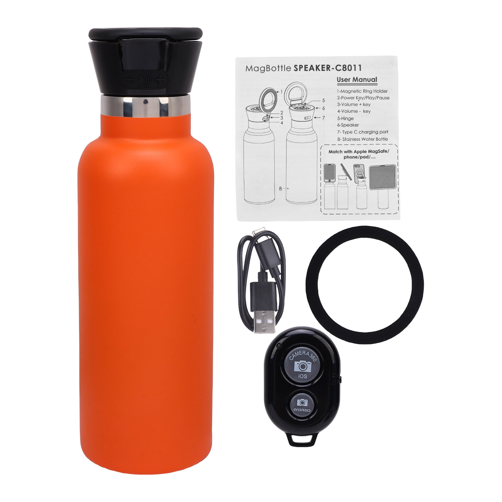 Бутылка для воды с динамиком BT Перезаряжаемый магнитный динамик Бутылка для воды Бутылка для воды из нержавеющей стали для занятий спортом в тренажерном зале Офисные путешествия На открытом воздухе IP65 Водонепроницаемый 550 мл Оранжевый