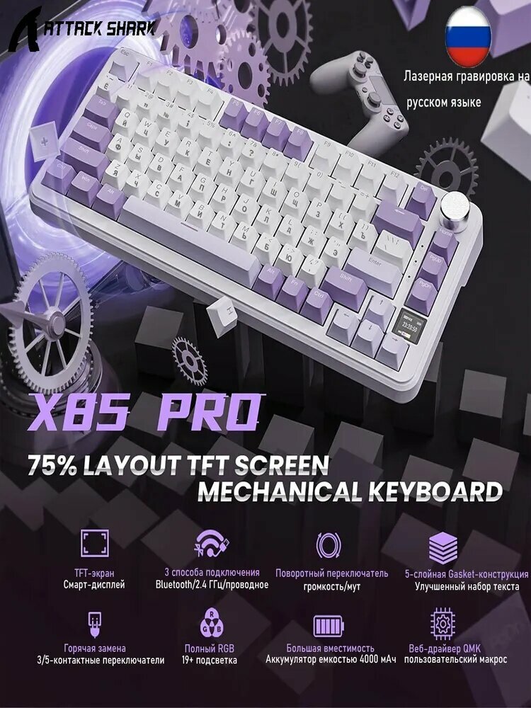 Игровая клавиатура беспроводная X85 PRO, (Blueberry), Русская раскладка, белый, фиолетовый