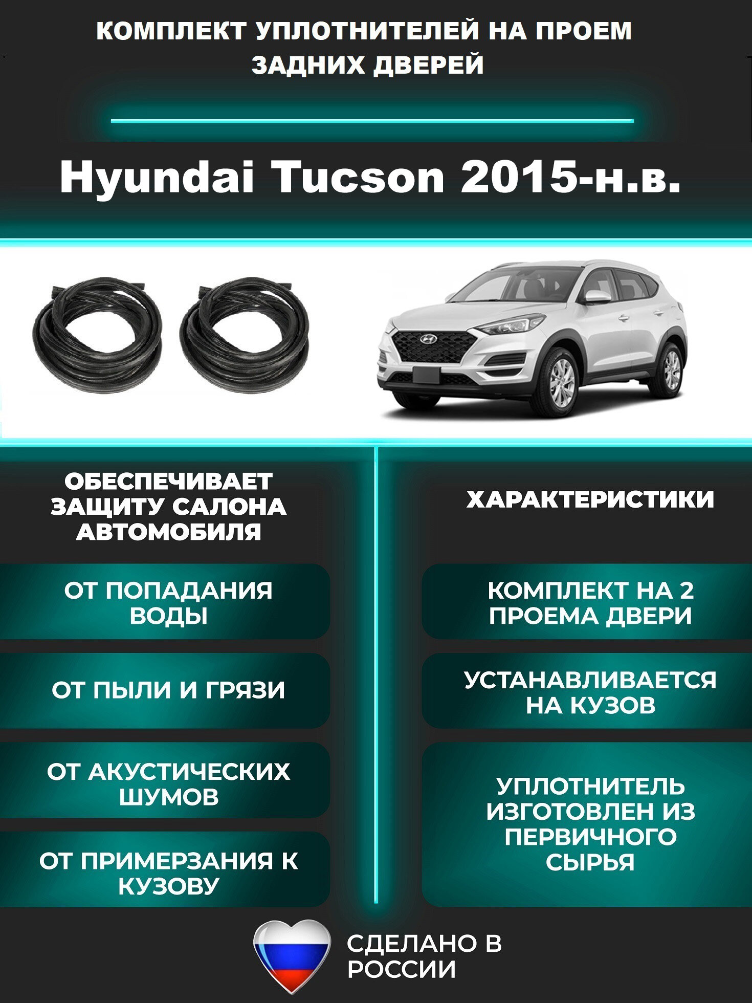 Комплект уплотнителей проема задних дверей для Hyundai Tucson 2015-н. в, Хендай Туксон, Туссан - 2 штуки