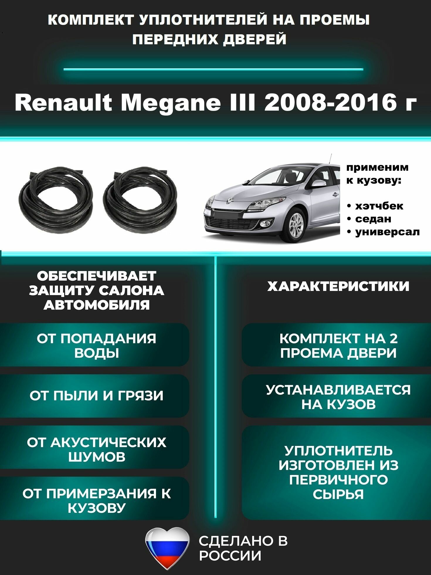 Комплект уплотнителей проема передних дверей на Renault Megane III 2008-2016 г / Рено Меган 3 - 2 штуки