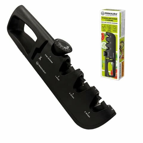 Точилка для ножей (ножеточка) и ножниц ручная, 3 зоны (грубая, чистовая, шлифовка), регулировка угла заточки, PRIMAURA (примаура), 701623